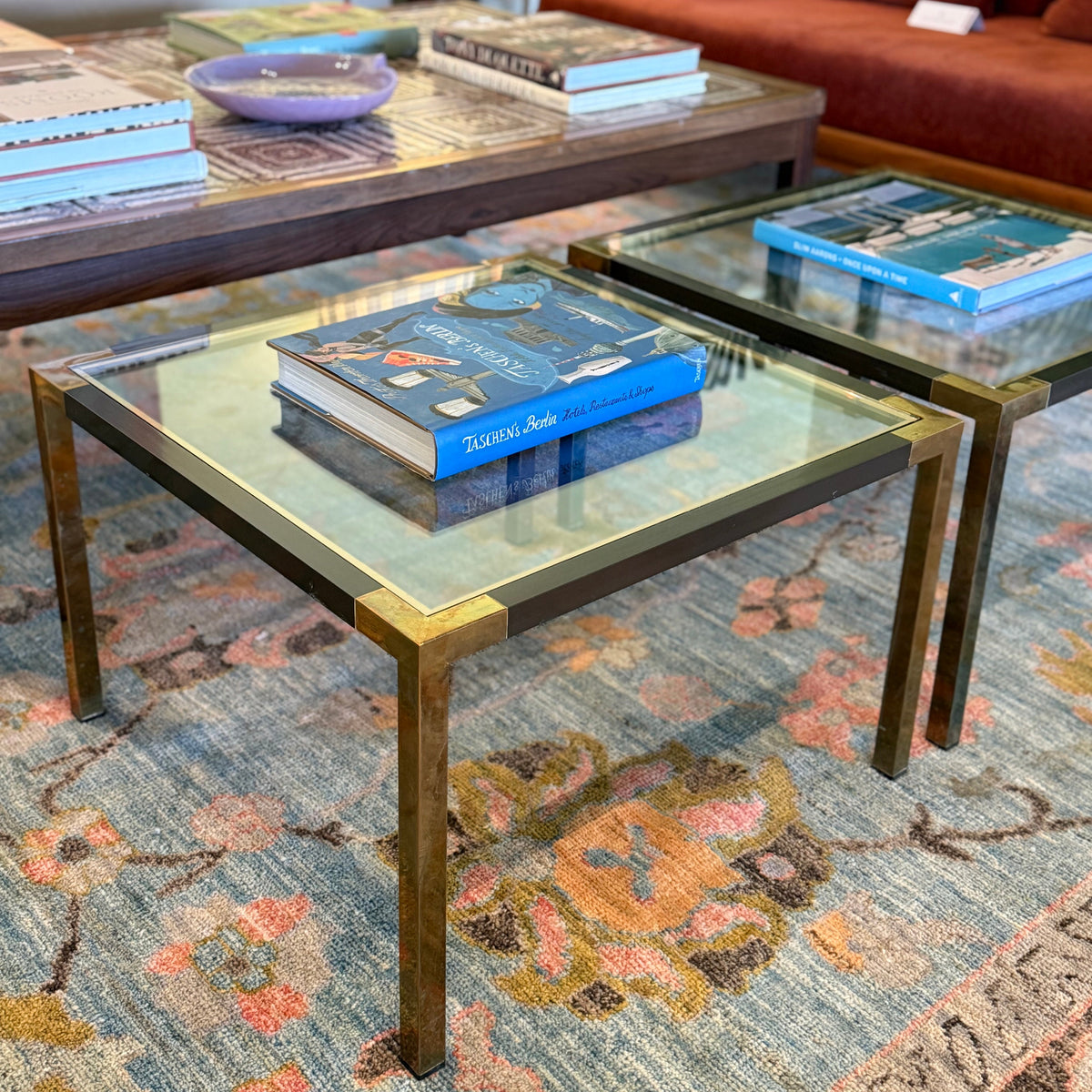 Pair of French glass and bronze side tables, c. 1960 – Jan Showers