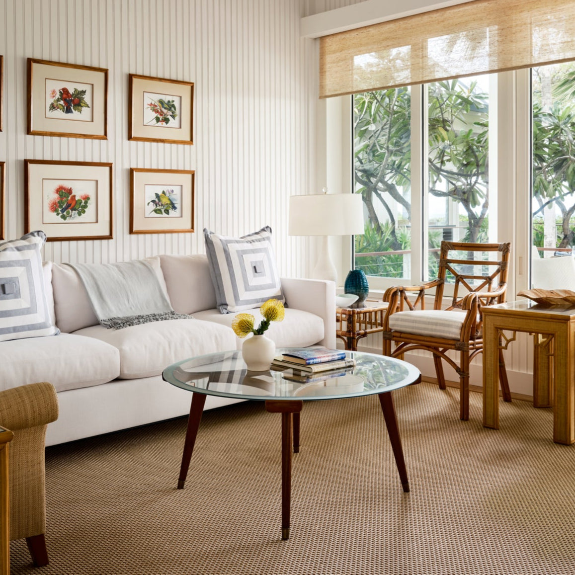 Walnut, brass, and glass round coffee table by William Watting, 1950 – Jan Showers