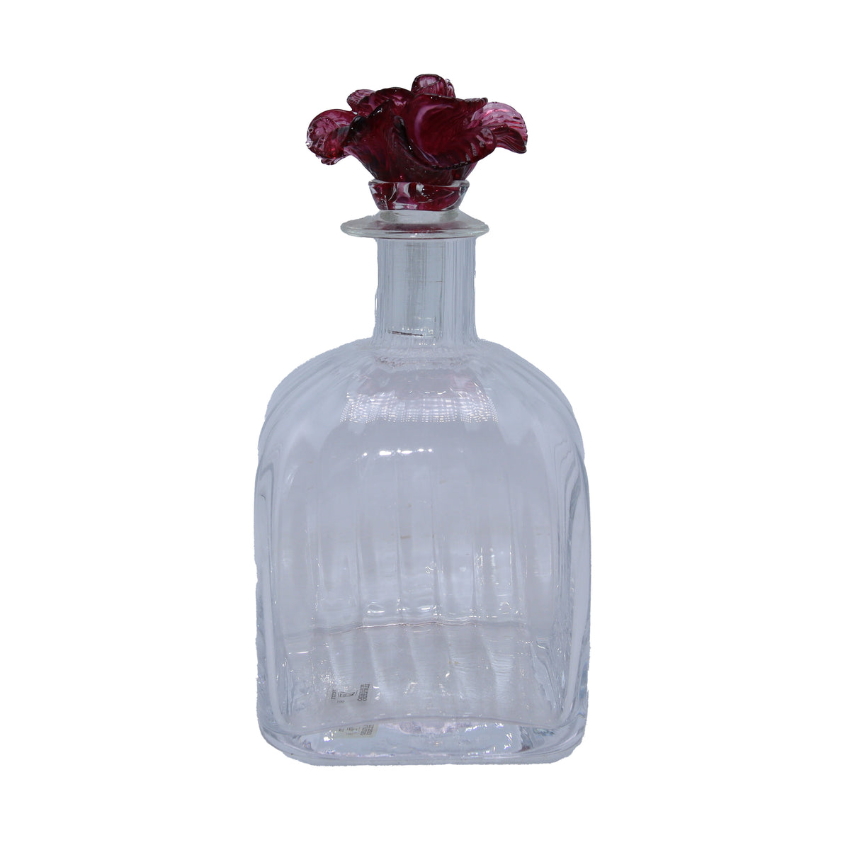 Clear signed Verti Murano glass descanter with pink floral stopper, c ...