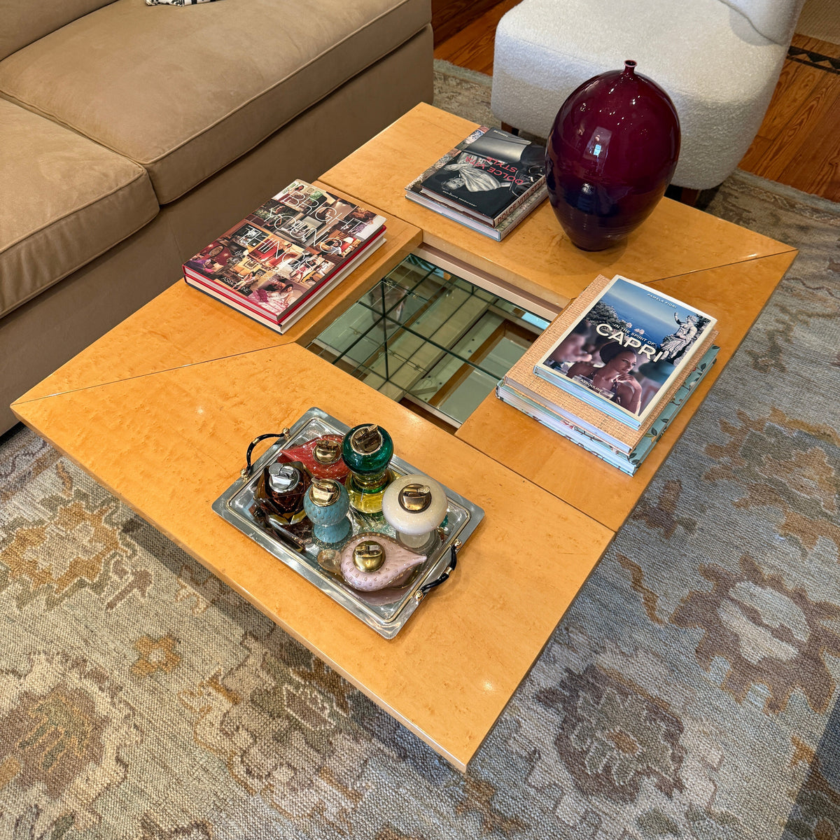 Coffee table with mirrored base and hidden bar by Paul Michele, c. 197 ...