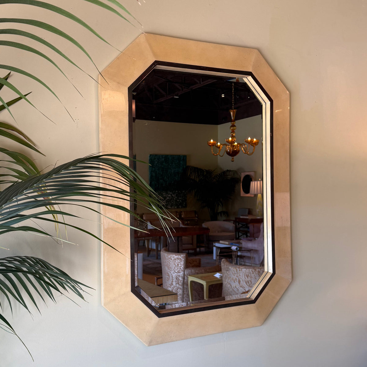 Lacquered parchment octagonal mirror in the style of Karl Springer, c ...