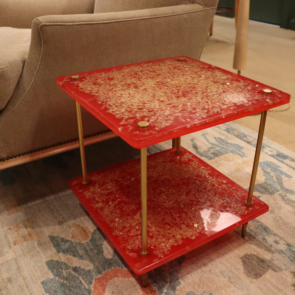 Two tiered red and gold resin table, c. 1960 – Jan Showers